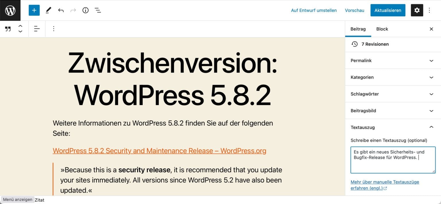 Der Textauszug • Einstieg in WordPress